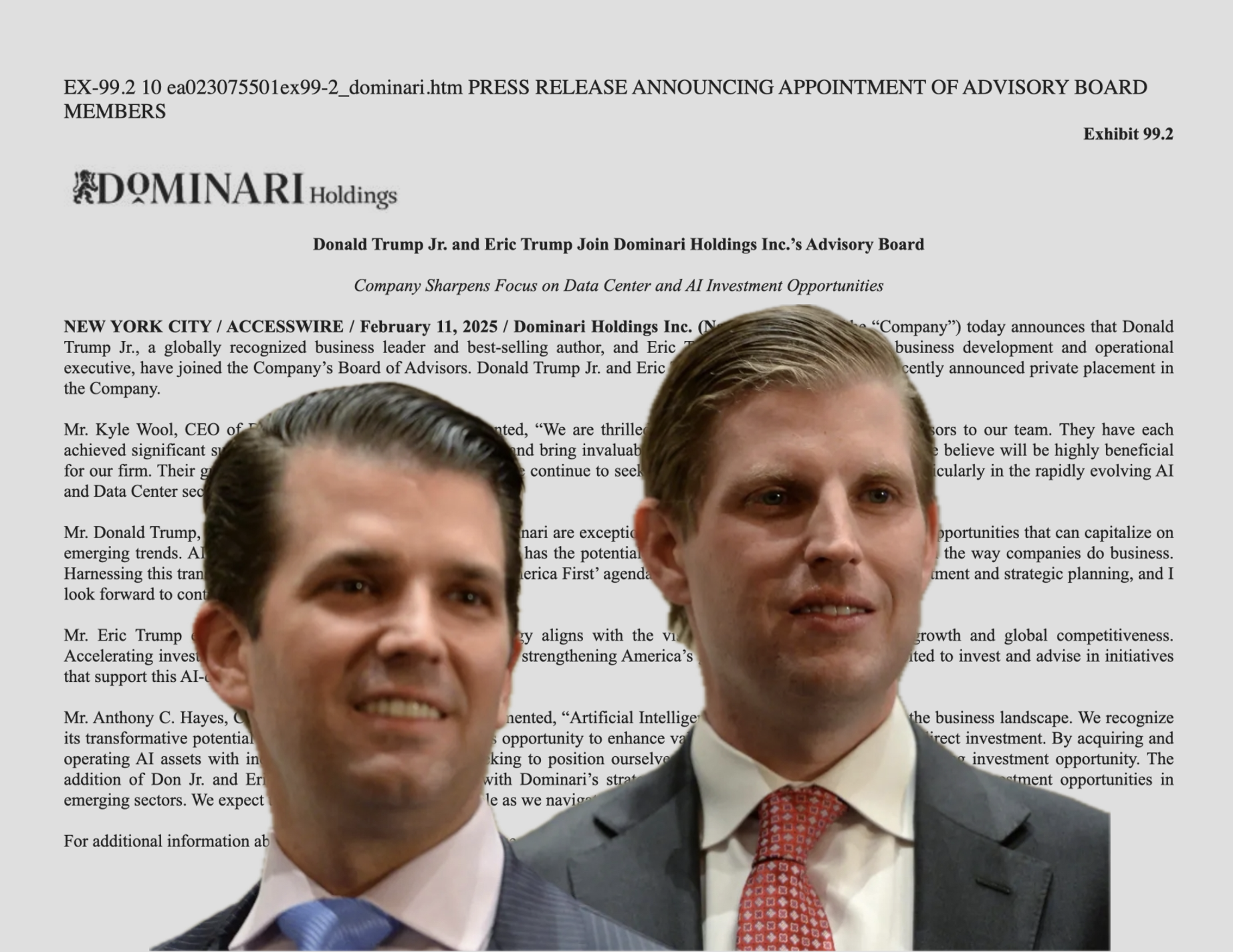 Don Jr and Eric Trump join advisory board of Dominari Holdings